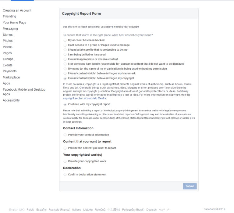 Facebook Copyright Report Webform - Ustels
