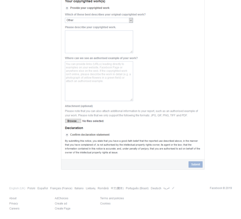 Facebook Copyright Report Webform - Ustels
