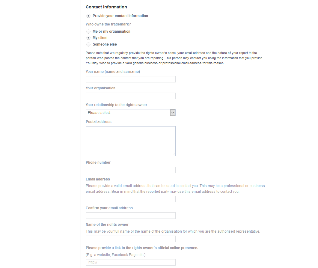 Facebook Trademark Report Webform - Ustels