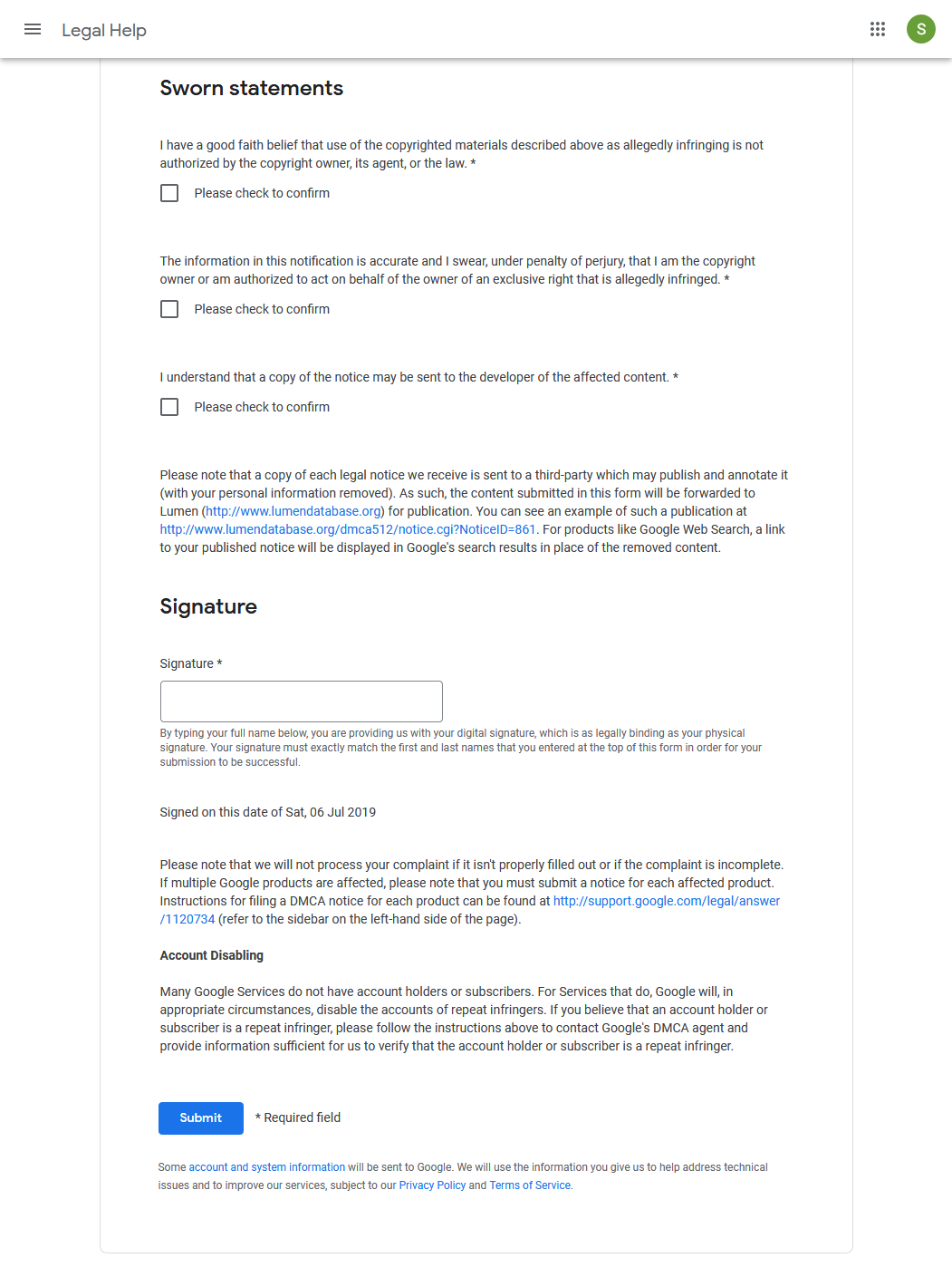 Google Play Copyright Webform - Ustels