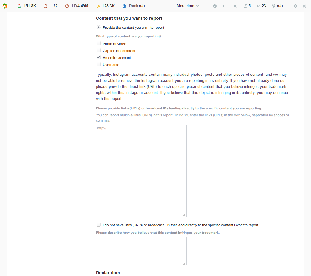 Instagram Trademark Report Webform - Ustels