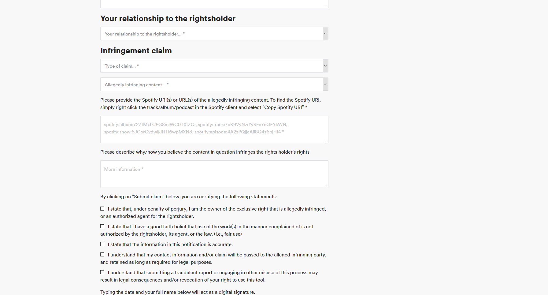 Spotify Copyright Report Webform - Ustels
