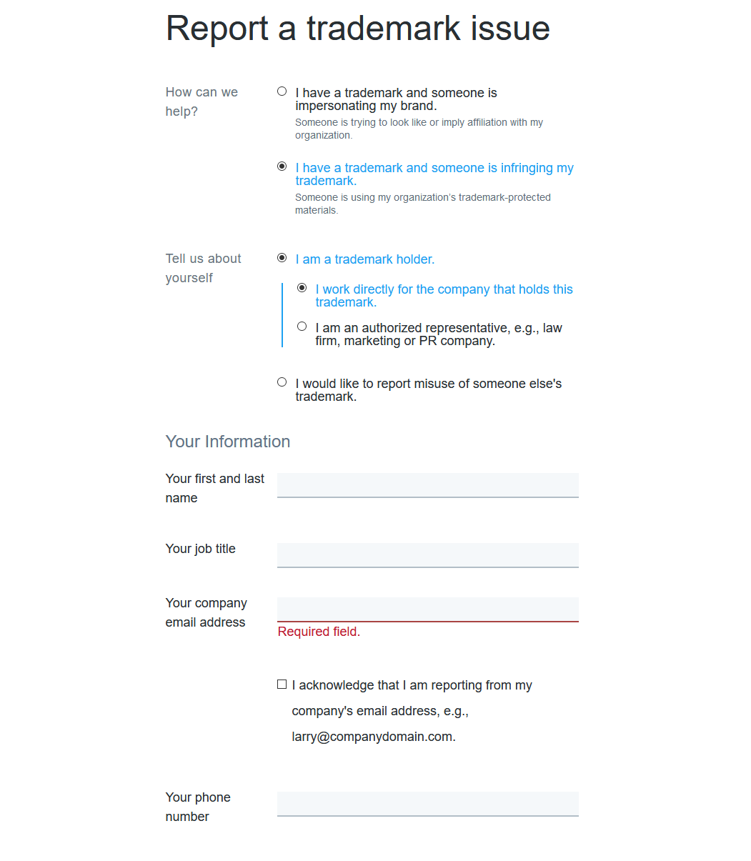 Twitter Trademark Report Webform - Ustels
