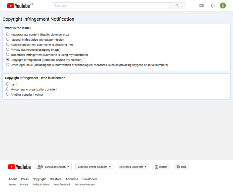 YouTube Copyright Report Webform - Ustels