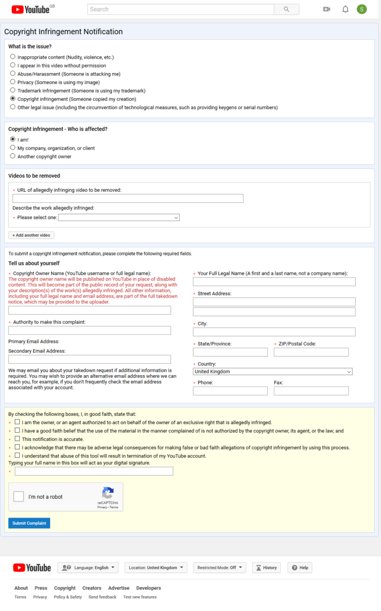 YouTube Copyright Report Webform - Ustels