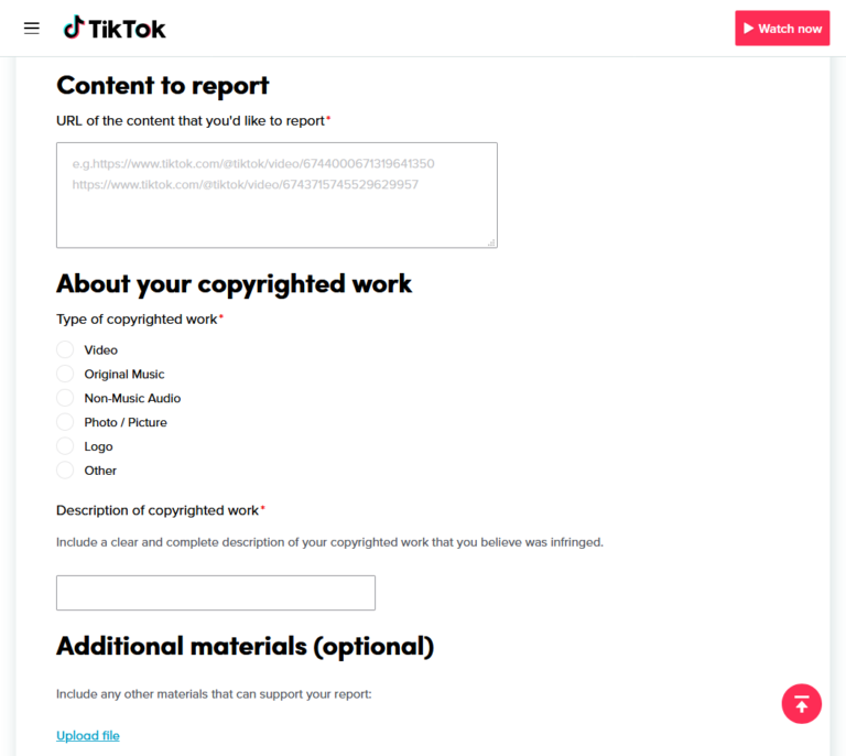 TikTok Copyright Complaint Webform - Ustels